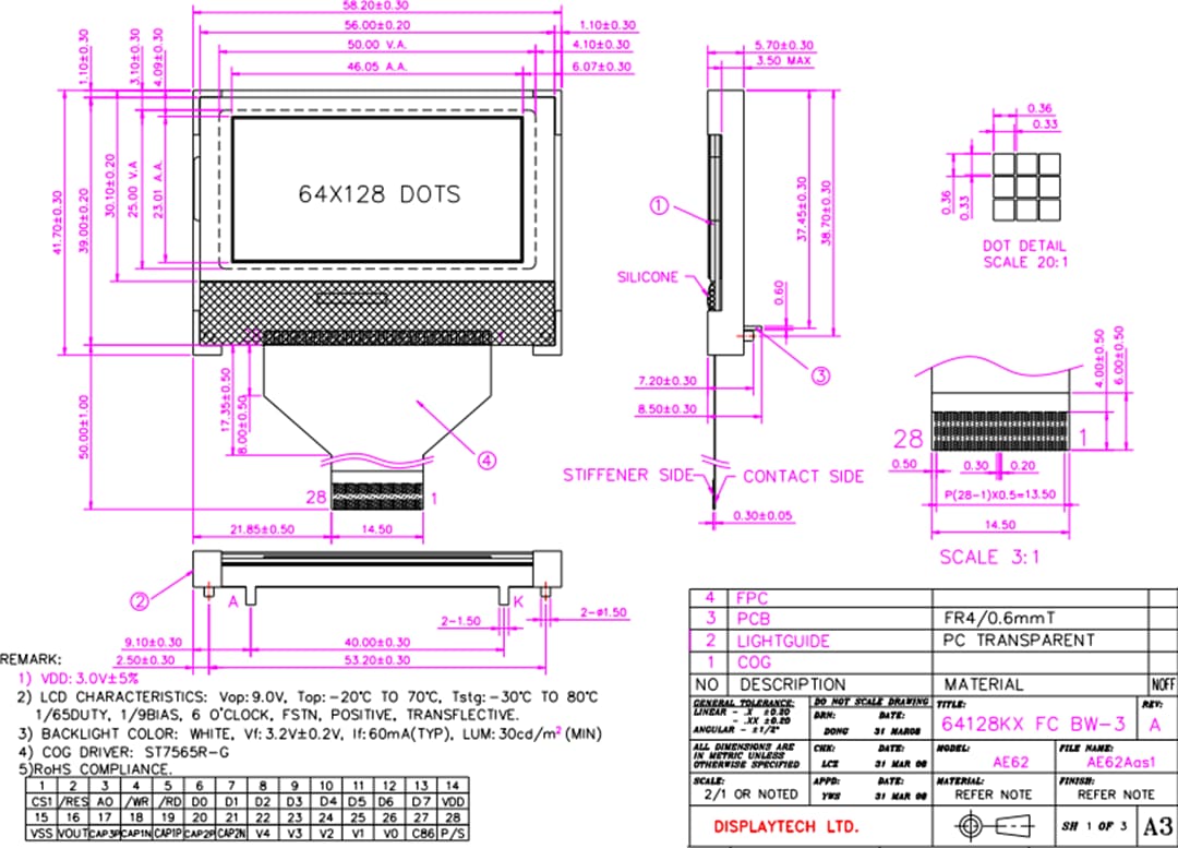 Displaytech 64128KX LCD Module - Displaytech | Mouser